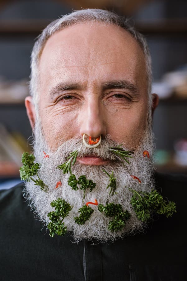 Senior Man with Greens in Beard Stock Photo - Image of herbs, parsley ...