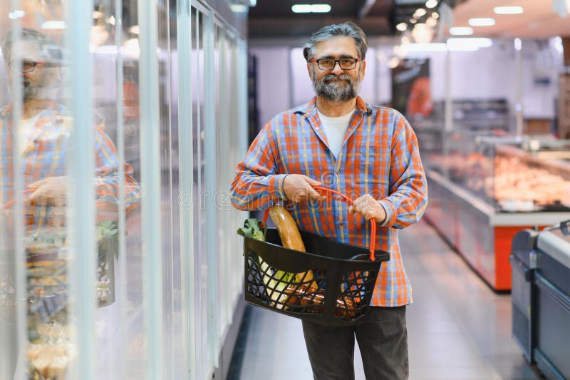 Senior Man at Grocery Store Products Stock Photo - Image of mature ...