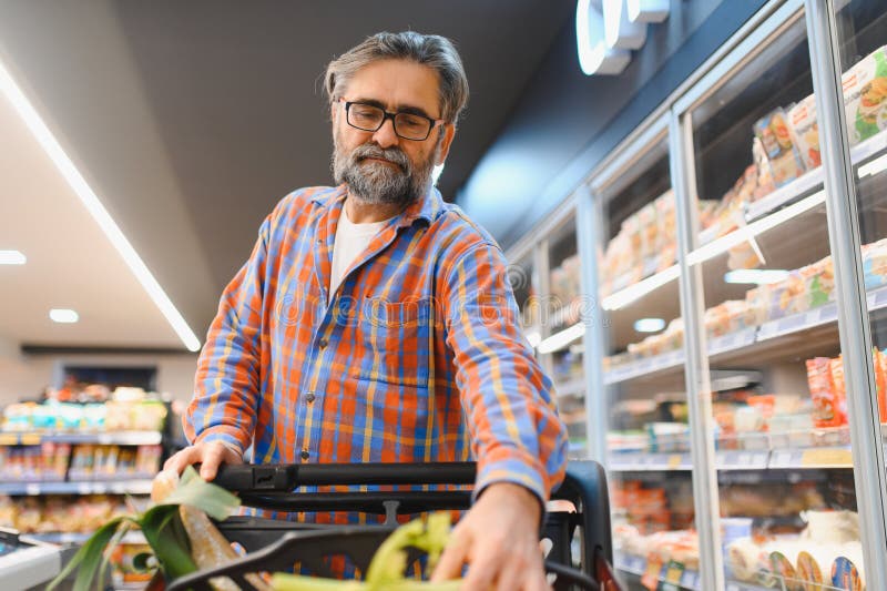 Senior Man at Grocery Store Products Stock Photo - Image of mature ...