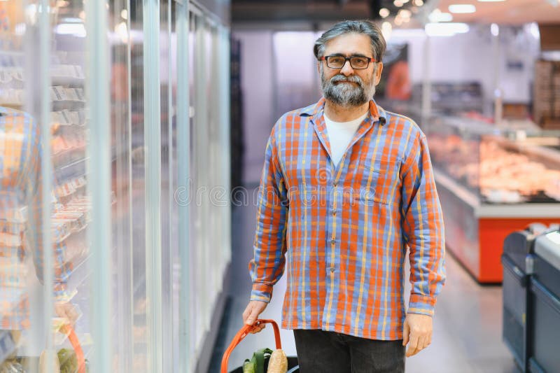 Senior Man at Grocery Store Products Stock Photo - Image of mature ...