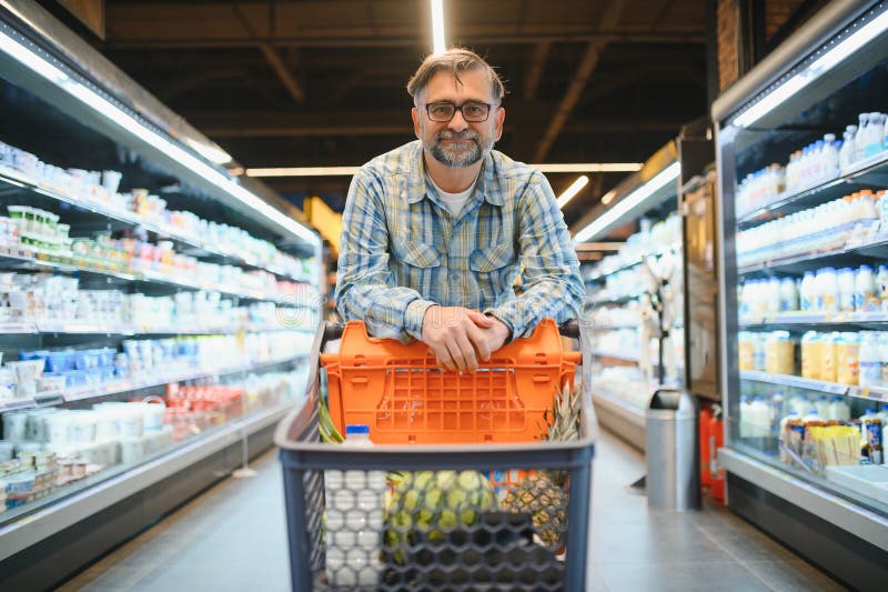 Senior Man at Grocery Store Products Stock Image - Image of food ...