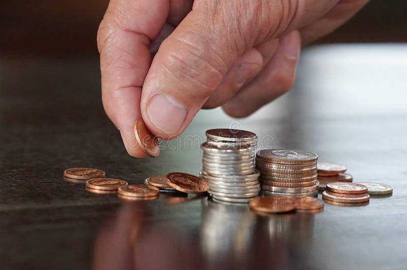 Senior Man Hand Pick Thai Coins Up Sorting and Stacking it on Black ...