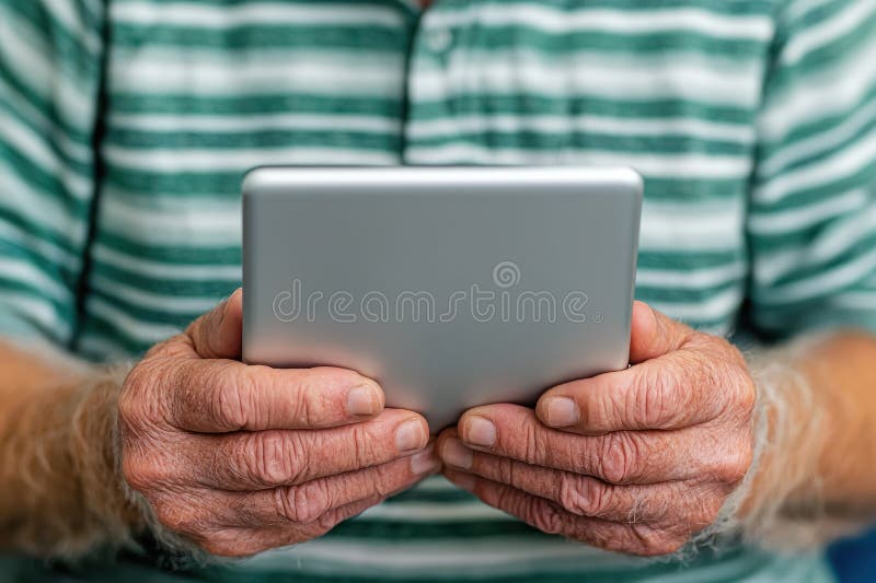 Senior Man Hands Holding Tablet Device, Showcasing Careful Interaction ...
