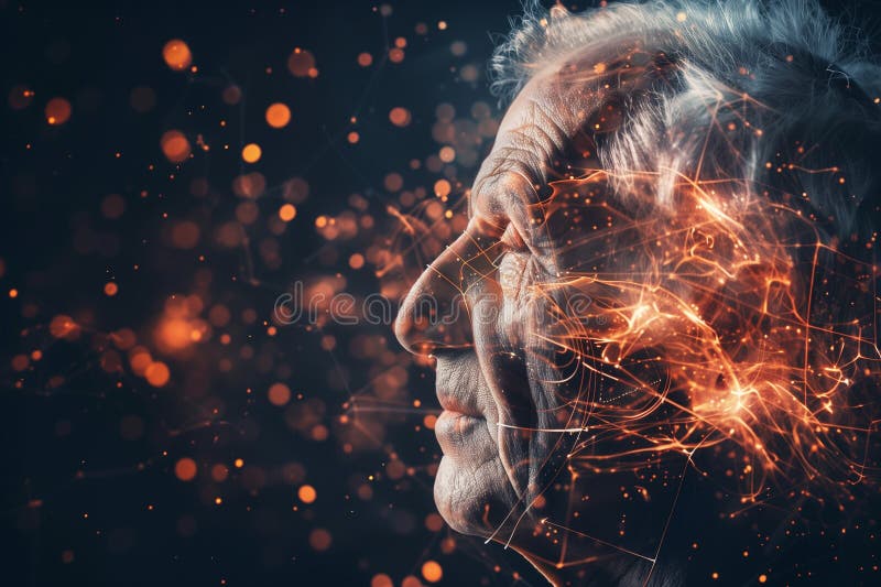 Senior Man Head with Artificial Intelligence Learning Technology ...