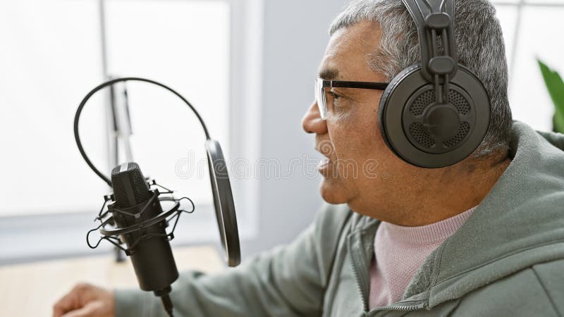 Senior Man with Headphones Speaking into a Microphone in a Radio Studio ...