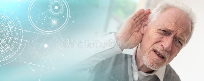 Senior Man with Hearing Problems Panoramic Banner Stock Photo - Image ...