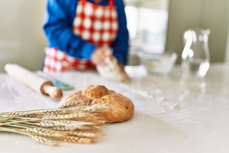 Senior Man Keading Dough with Hands at Kitchen Stock Image - Image of ...