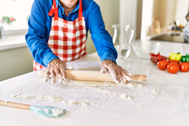Senior Man Keading Pizza Dough at Kitchen Stock Image - Image of ...