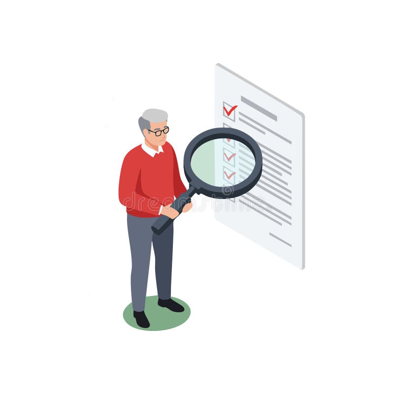 Senior Man with Magnifying Glass Examining Checklist Document for ...