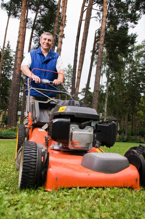 Senior Man Mowing the Lawn. Stock Photo - Image of engine, house: 10993458