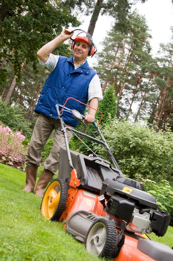 Senior Man Mowing the Lawn. Stock Photo - Image of engine, house: 10993458