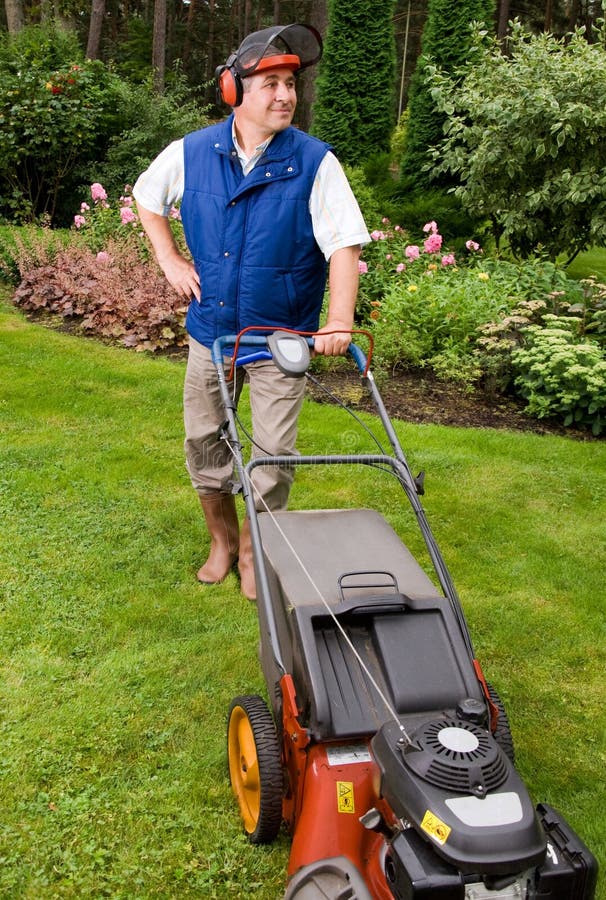 Senior man mowing lawn. stock image. Image of plant, garden - 13255967
