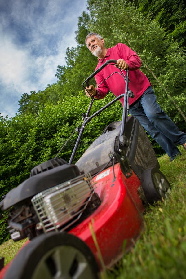 Senior man mowing the lawn stock photo. Image of gardening - 81217676