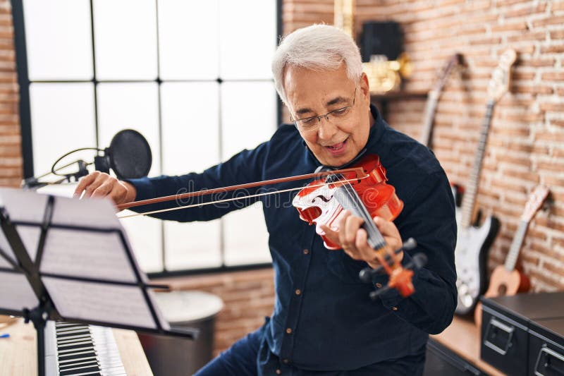 Senior Man Musician Playing Violin at Music Studio Stock Image - Image ...