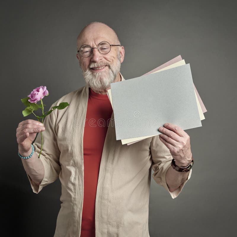 Senior Man with Pink Rose and Blank Paper Stock Photo - Image of blank ...