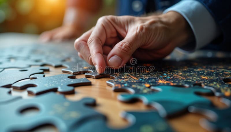Senior Man Places Final Jigsaw Puzzle Piece Completing Task. Teamwork ...