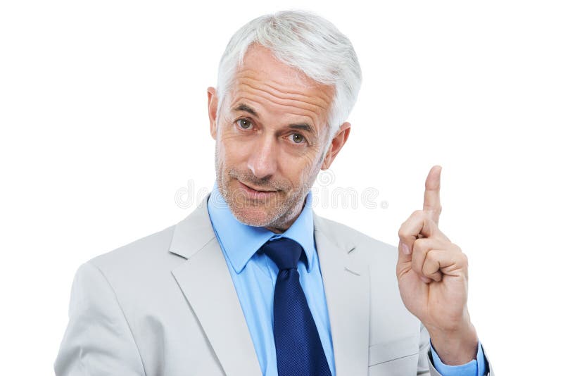 Senior Man and Pointing in White Background with Suit, Advice and Ideas ...