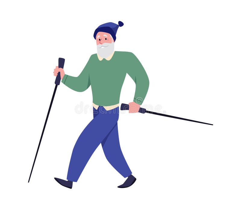 Senior Man Practicing Nordic Walking with a Pole, Vector Cartoon Active ... Senior Man Practicing Nordic Walking with a Pole, Vector Cartoon Active ...