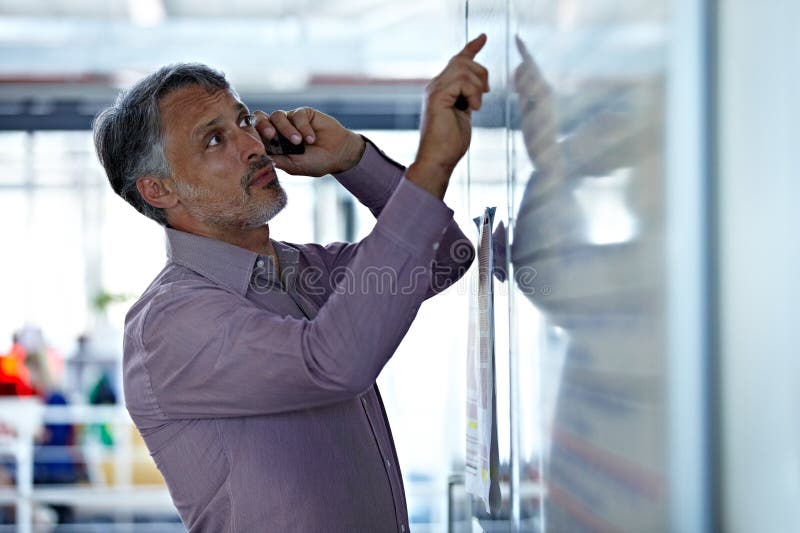 Senior Man, Professional Phone Call and Ideas on Whiteboard with Agenda ...