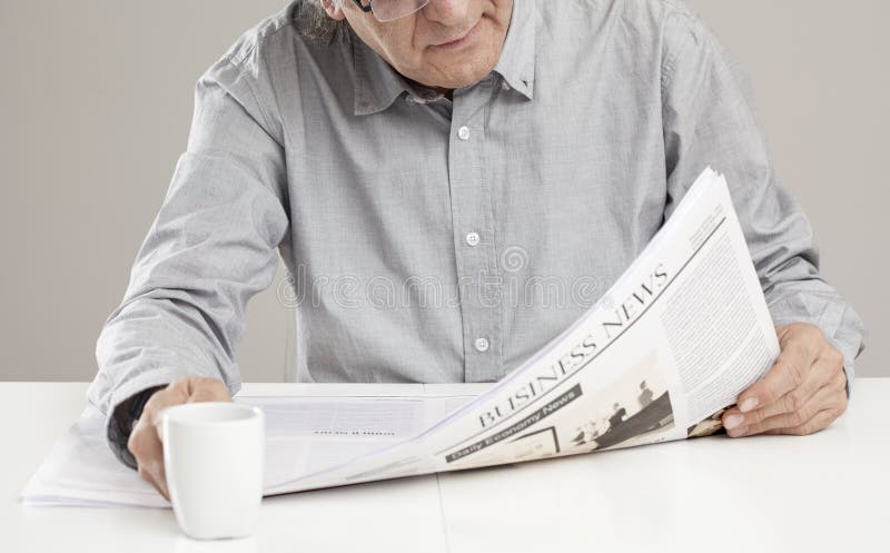 Senior Man Reading Newspaper on Table Stock Photo - Image of portrait ...