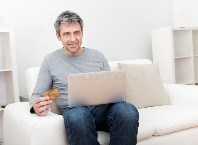 Senior Man Shopping at Home Using Laptop Stock Photo - Image of card ...