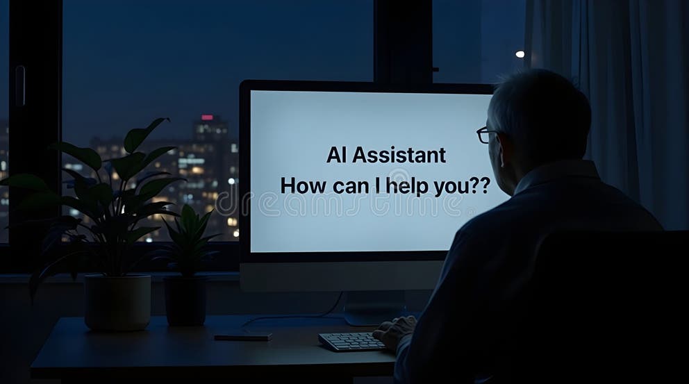 Senior Man Sitting at Desk in Dark Room Interacting with AI Assistant ...