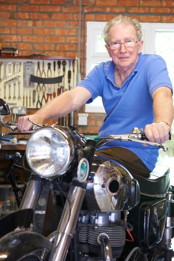 Senior Man Sitting on Restored Vintage Motorcycle Stock Image - Image ...