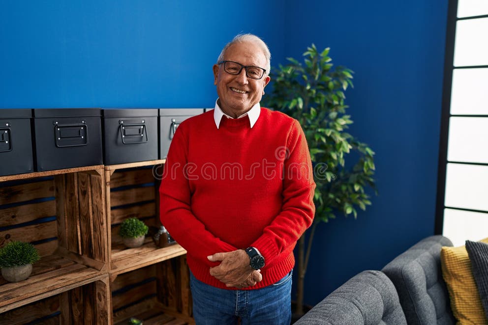 Senior Man Smiling Confident Standing at Home Stock Image - Image of ...