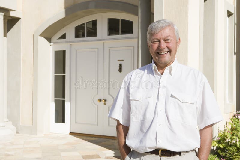 Senior Man Standing Outside House Stock Image - Image of horizontal ...