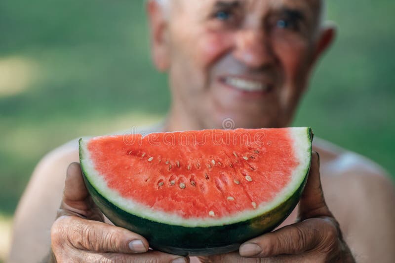 Senior Man in Summer with Fresh Watermelon Stock Image - Image of snack ...