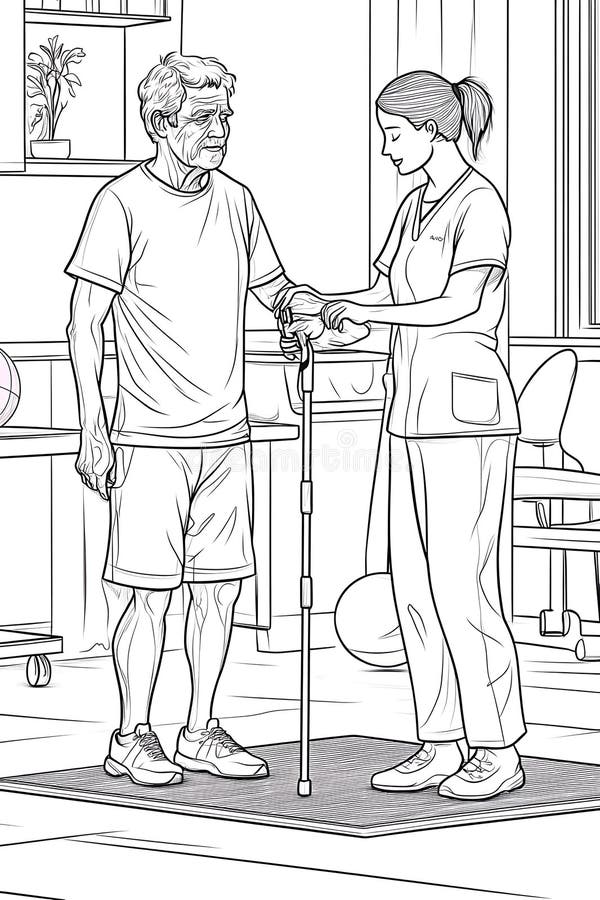 Senior Man with Therapist Using Walking Stick Stock Illustration ...