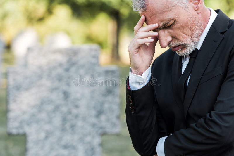 Senior Man Touching Face on Funeral Stock Image - Image of grief ...