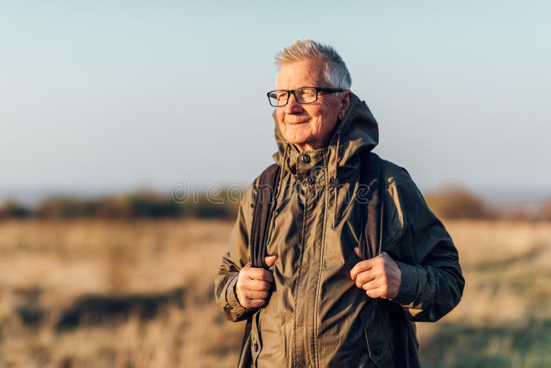 Senior Man Trail Hiking In A Mountain Forest Stock Photo - Image of ...