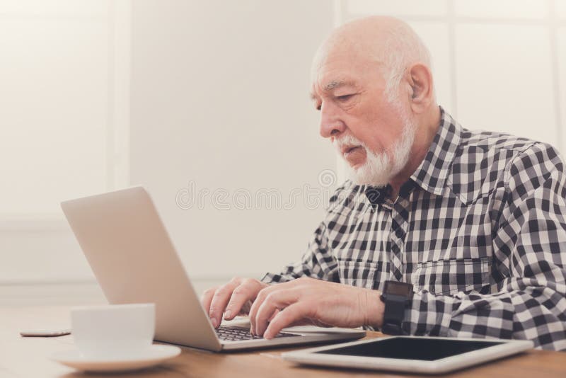Senior Man Typing on Laptop Copy Space Stock Image - Image of leisure ...