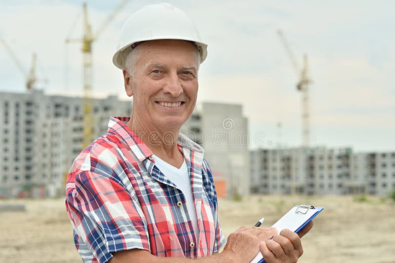 Senior Man in Under Construction Stock Image - Image of hardhat ...