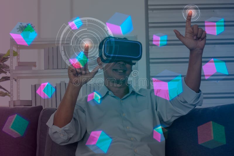 Senior Man Use a VR Glasses with 3d Cube of Future Virtual Simulation ...