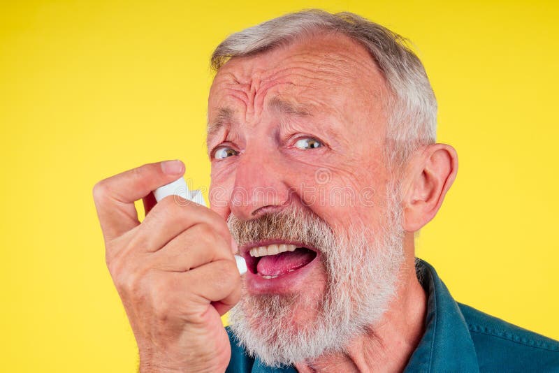Elderly Or Old Man With Asthma Inhaler. Stock Photo - Image of inhaler ...