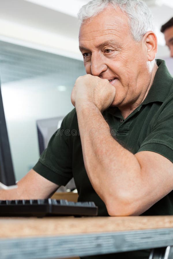 Senior Man Using Computer in Classroom Stock Image - Image of help ...