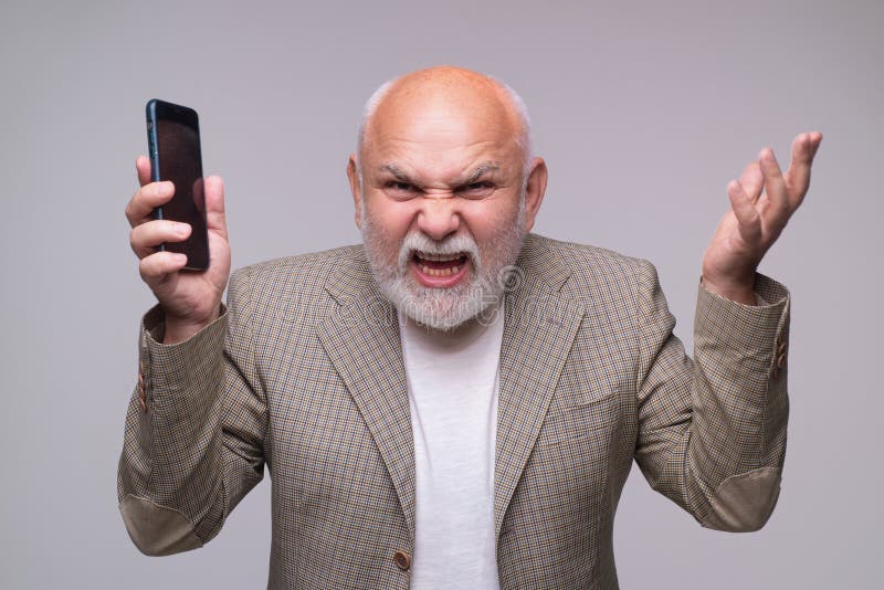 Senior Man Using Smartphone, Angry Face. Mature Man Talk on Mobile ...
