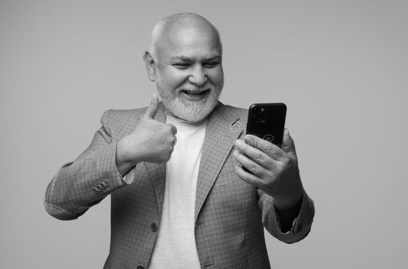 Senior Man Using Smartphone, Happy Face. Mature Man Talk on Mobile ...