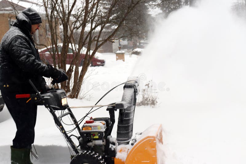 Senior Man Using Snow Blower during Storm Stock Photo - Image of shovel ...