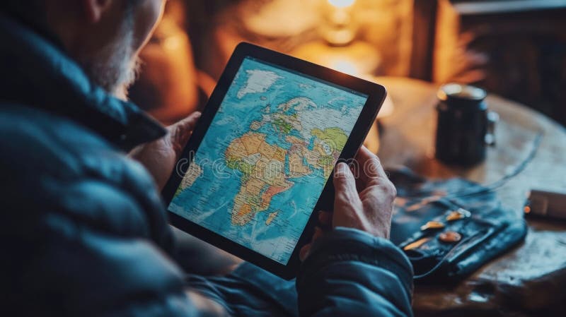 Senior Man Planning Trip Using World Map on Tablet by Fireplace AI ...
