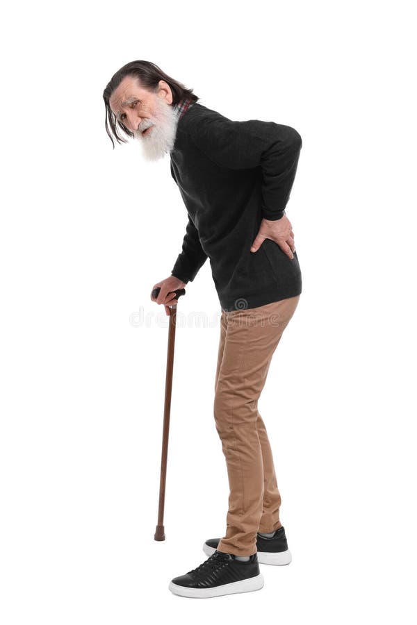 Senior Man with Walking Cane Suffering from Back Pain on White ...