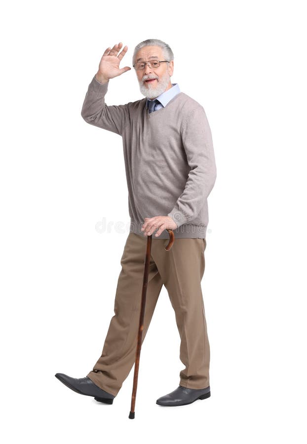 Senior Man with Walking Cane Waving on White Background Stock Photo ...
