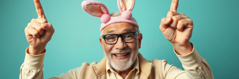 Senior Man Wearing Bunny Ears Celebrating and Pointing Joyfully while ...