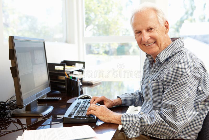 Senior Man Working on Computer at Home Stock Photo - Image of people ...