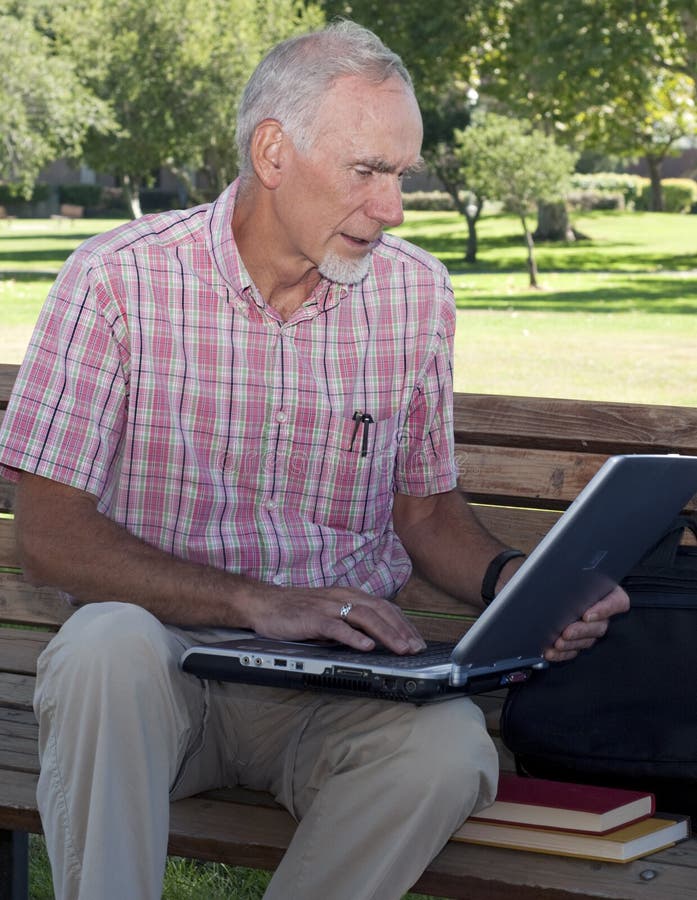 Senior Man Working on Laptop Computer Outdoors Stock Image - Image of ...