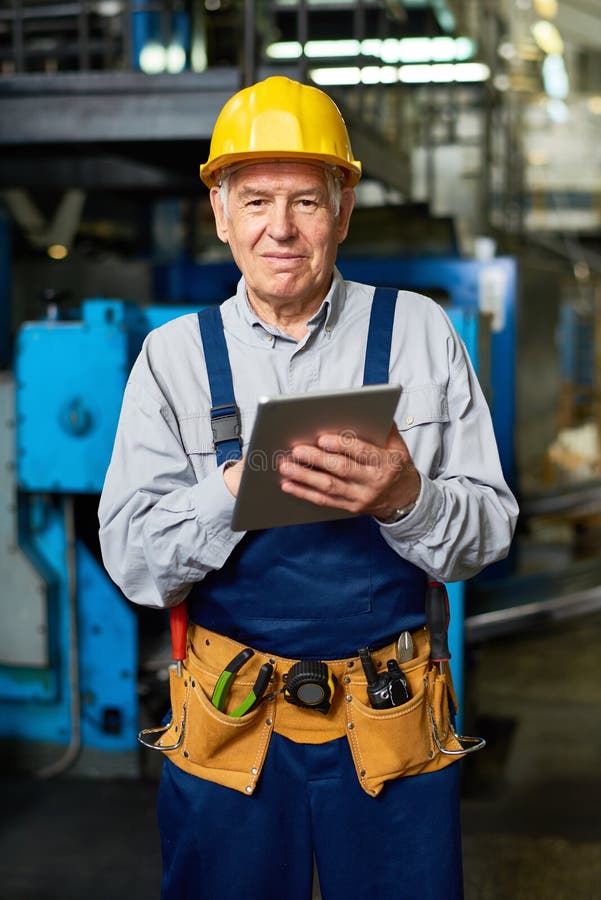 Senior Man Working at Modern Factory Stock Image - Image of operator ...
