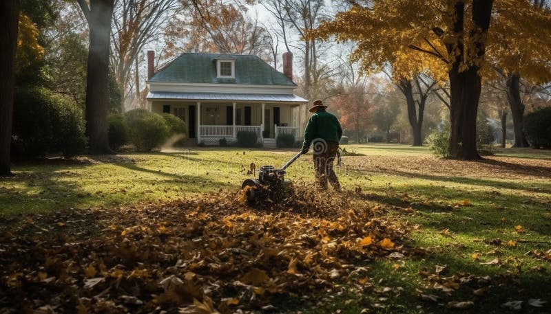 Senior Man Working in Yard with Rake, Surrounded by Nature Generated by ...
