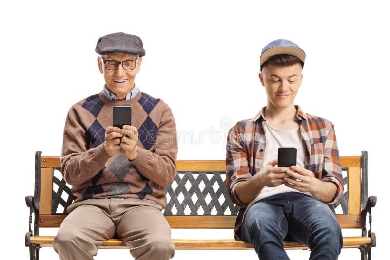 Senior Man and a Young Guy Sitting on a Bench and Using Mobile Phones ...